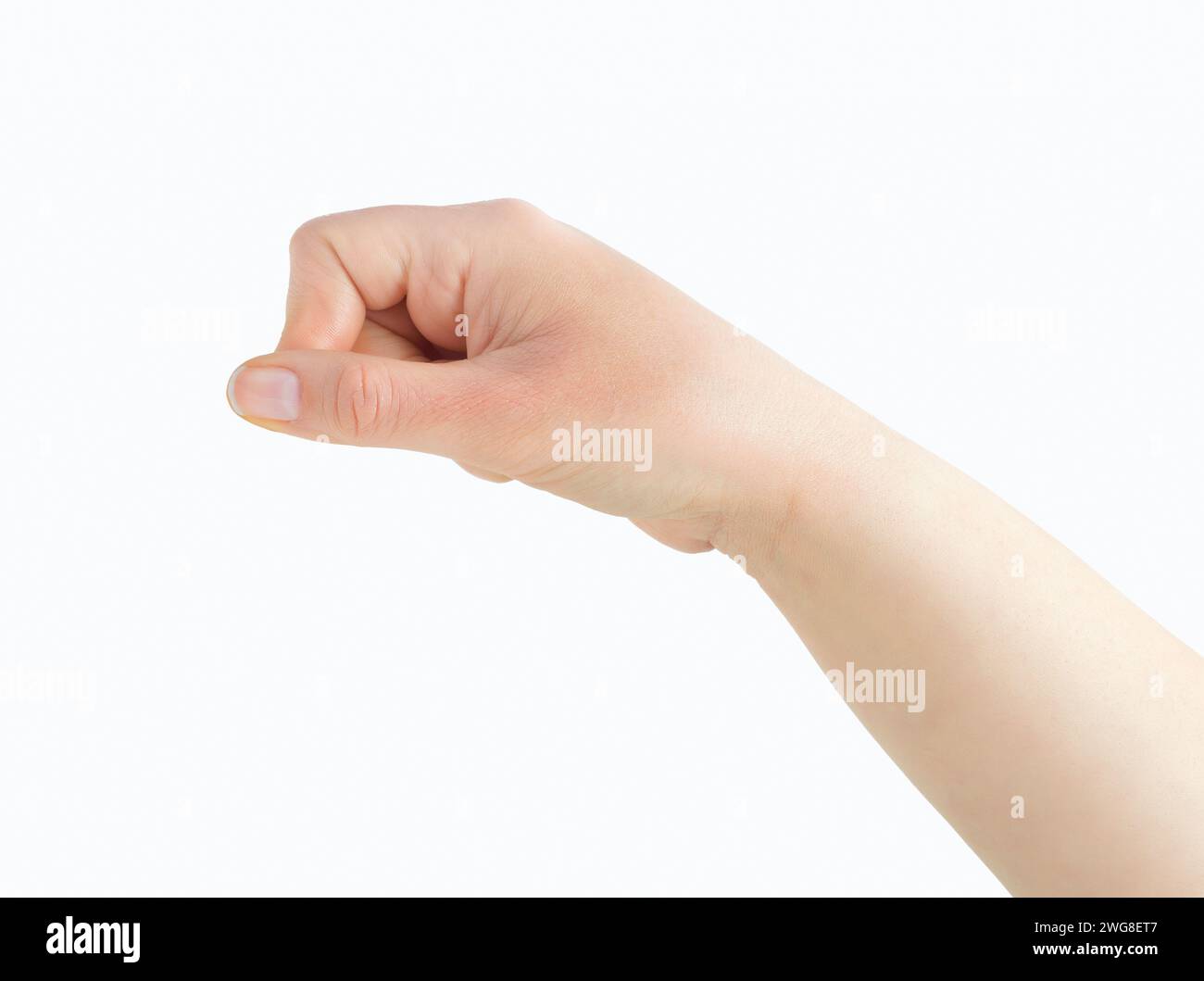Woman hand hanging something blank isolated on a white background Stock ...