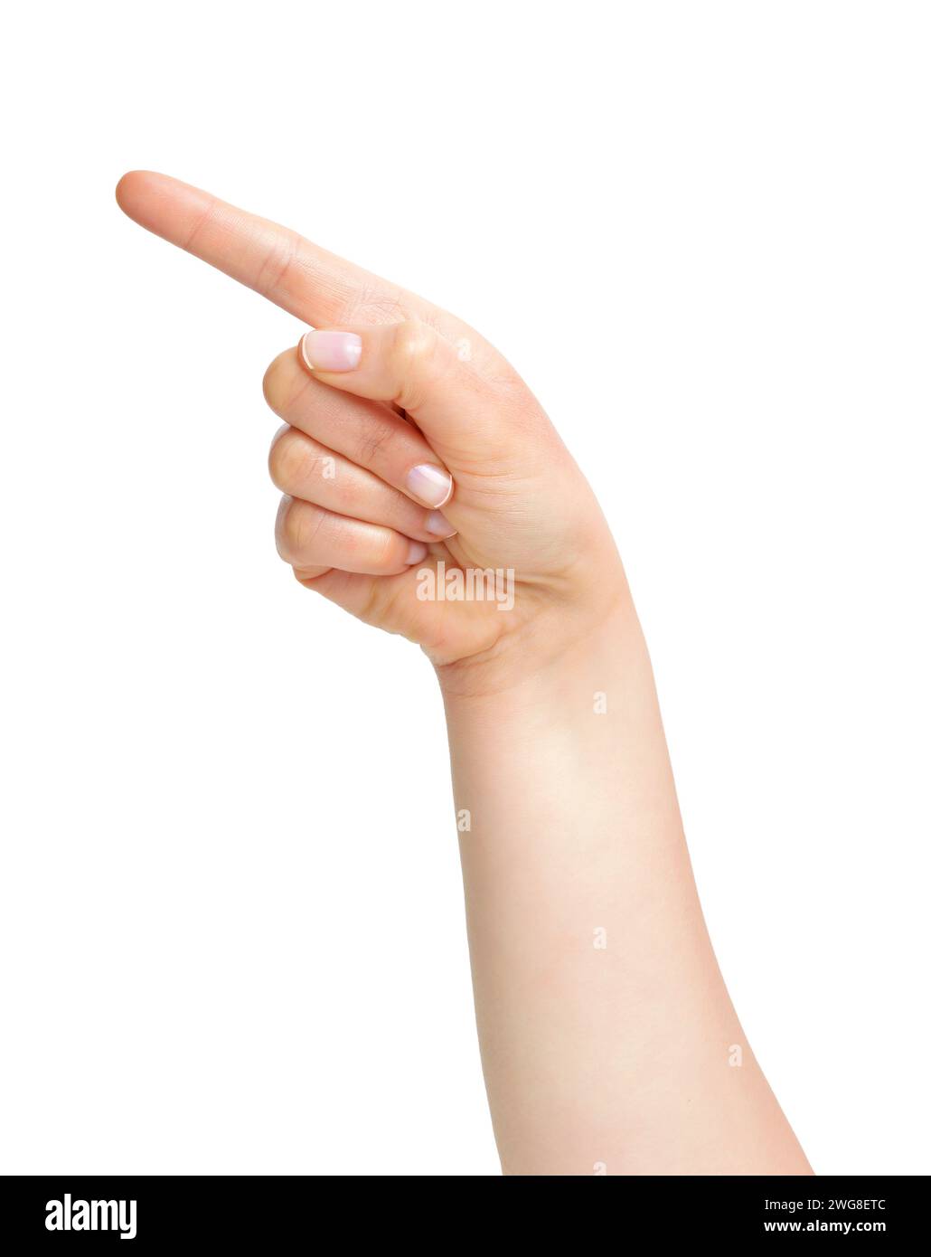 Woman hand pointing at side with forefinger isolated on a white ...