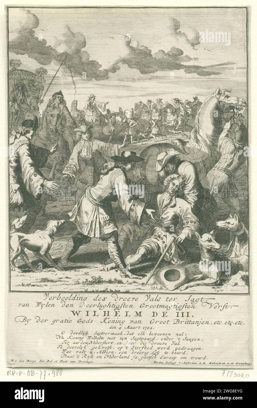 The deadly fall of Willem III during a hunting party, 1702, 1702 print ...