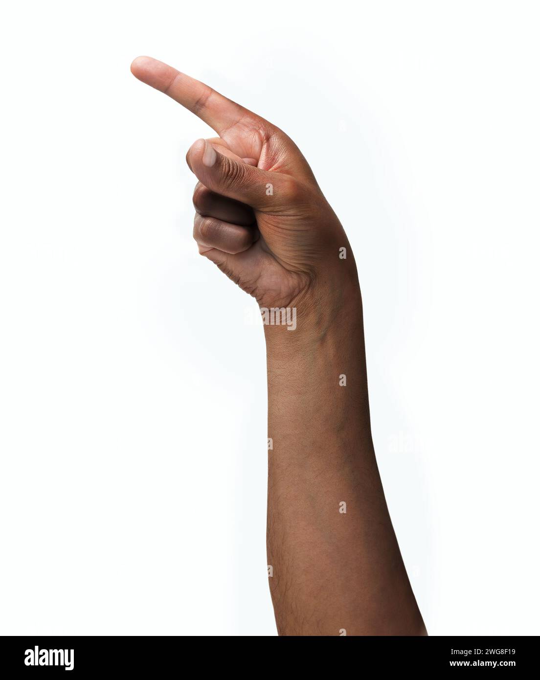 Man hand pointing at side with forefinger isolated on a white ...