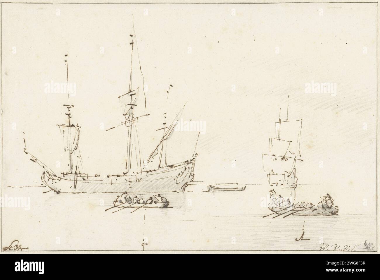 Two rowing boats sail in the direction of a merchant ship, Willem van ...