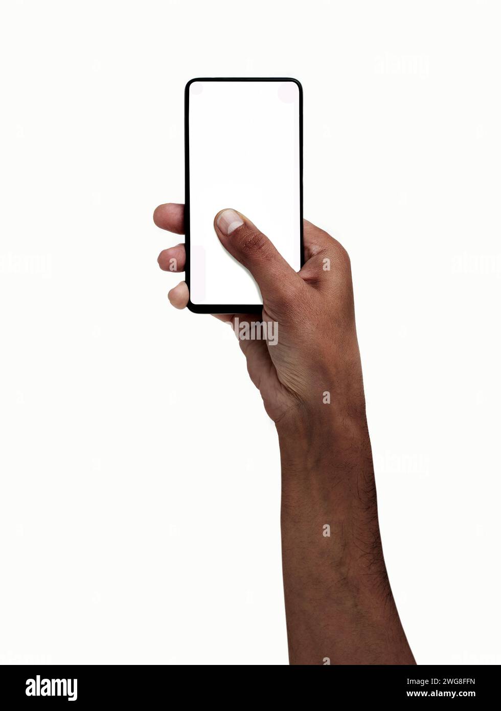 Man hand holding and touching a mobile phone screen with his thumb on a ...
