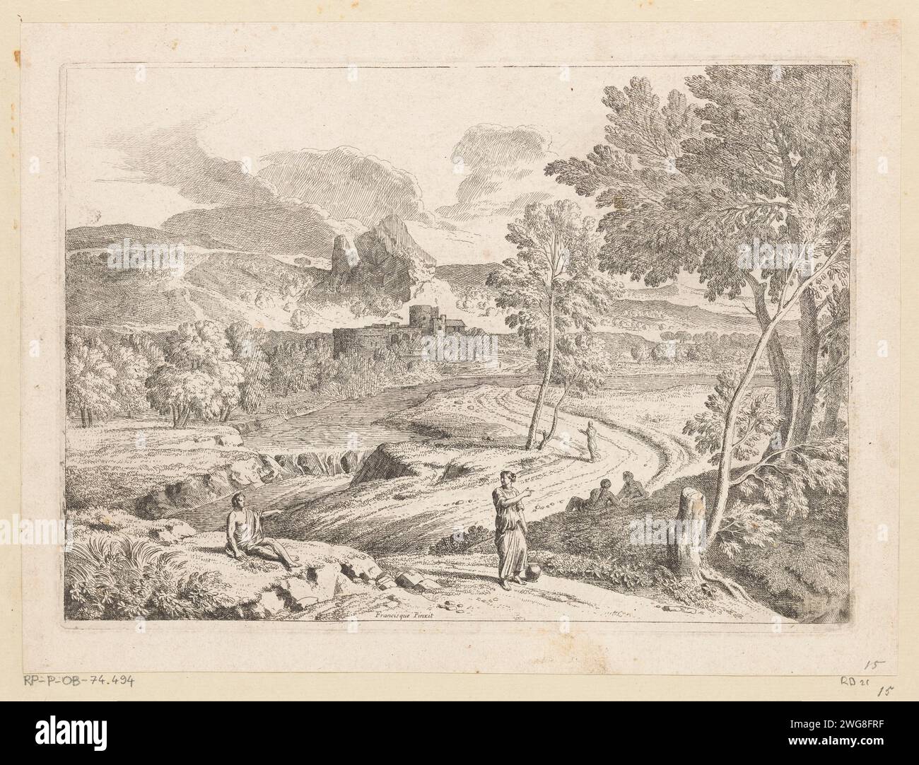 Arcadian landscape with figures along a path on a current, Théodore ...