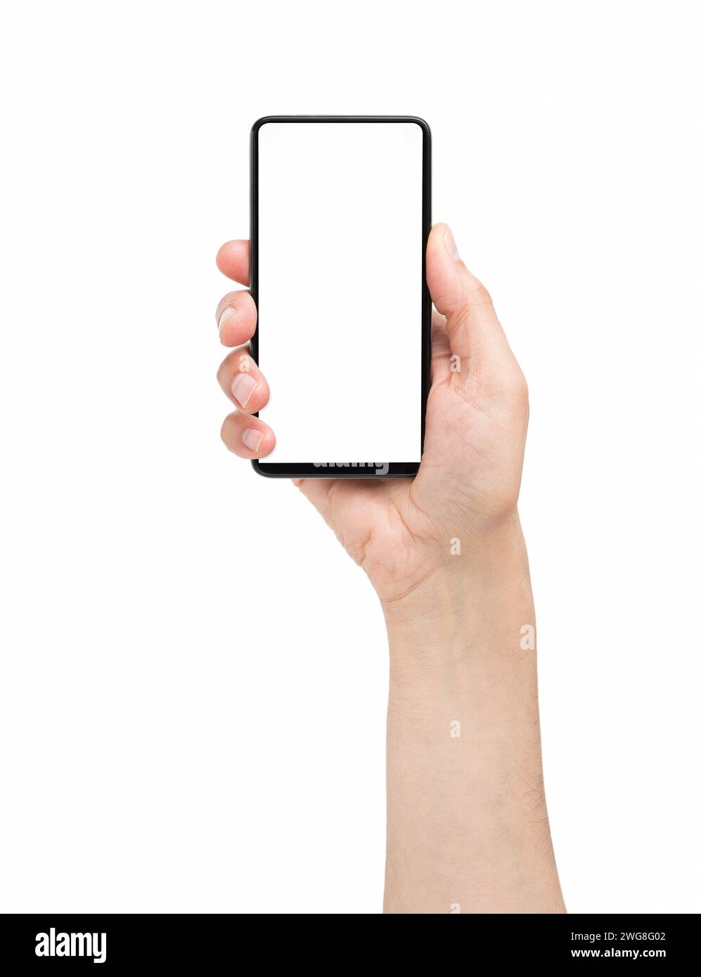 Man hand presenting a smart phone screen application isolated on a ...