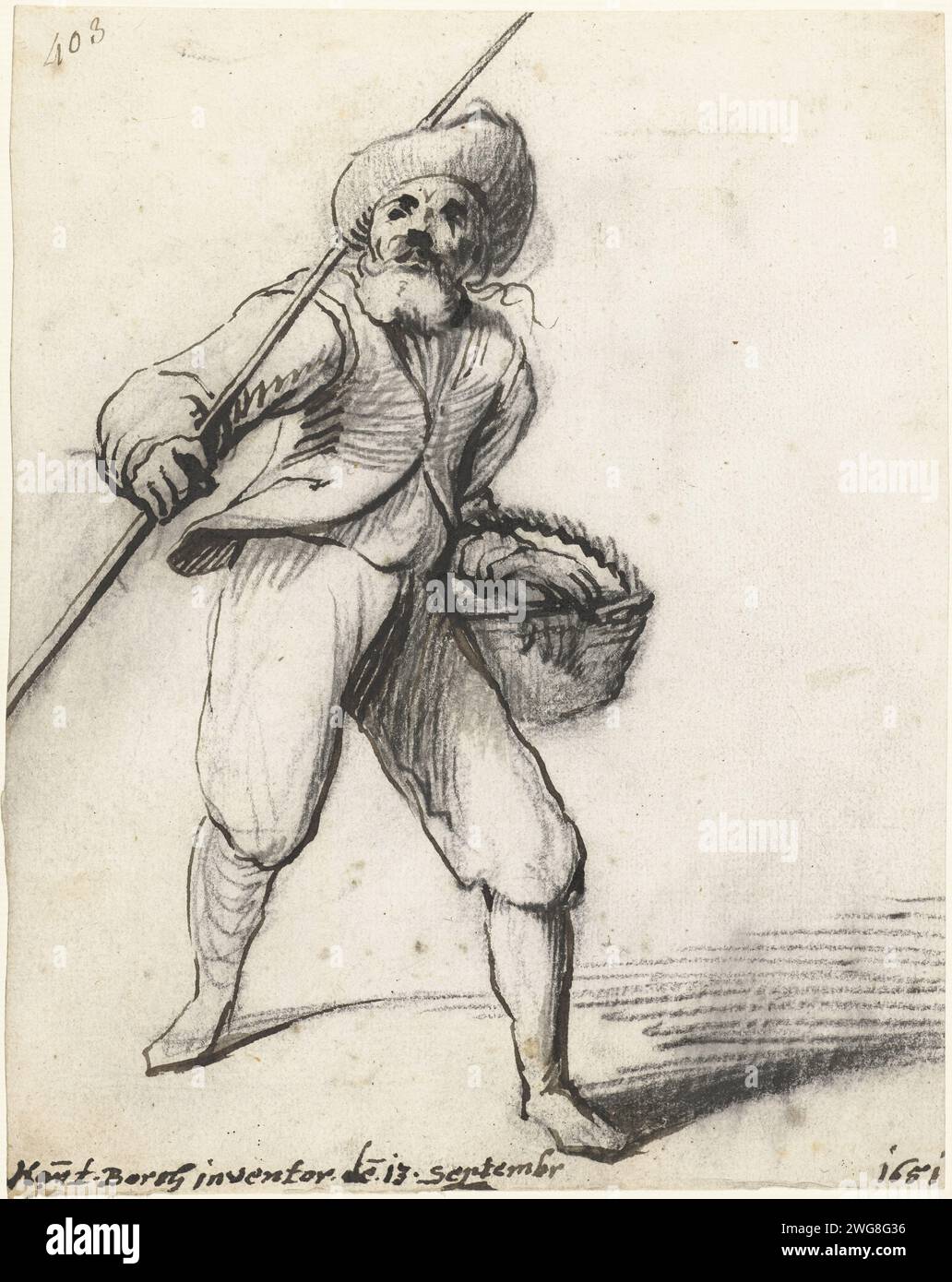 Fisherman with rod and basket, 1651 drawing Zwolle paper. ink. chalk ...