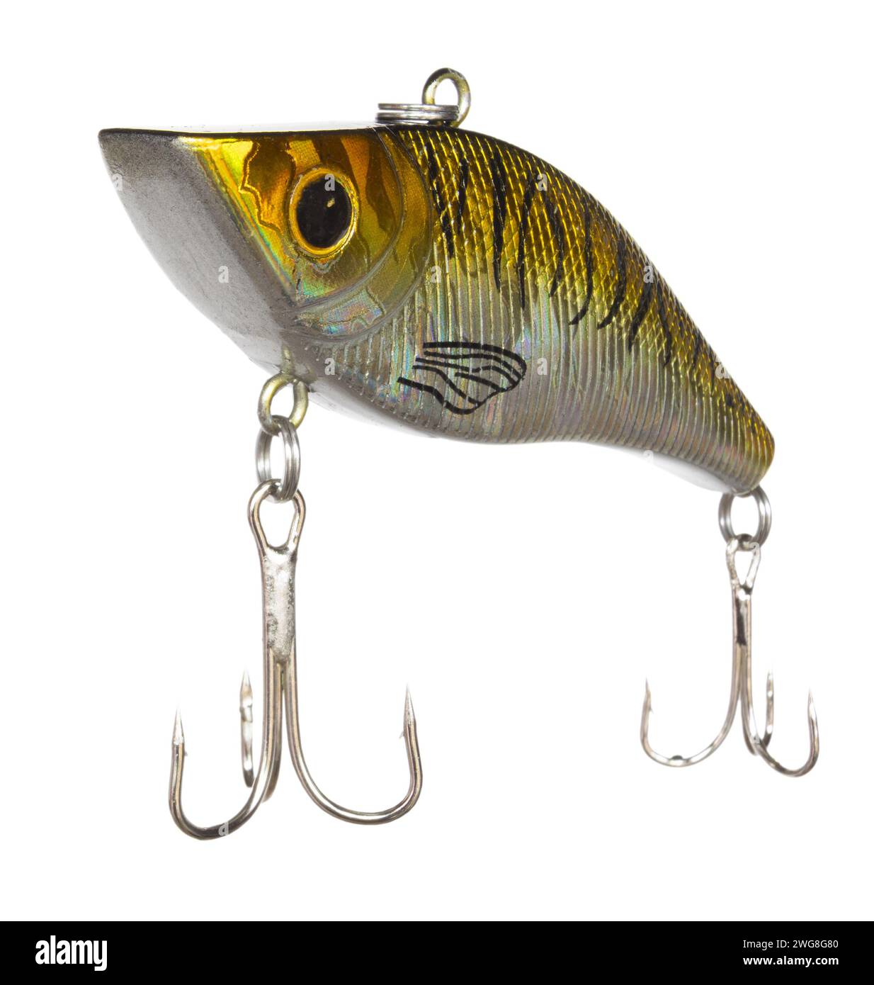 Artificial fishing bait with metallic looking yellow finish and two ...