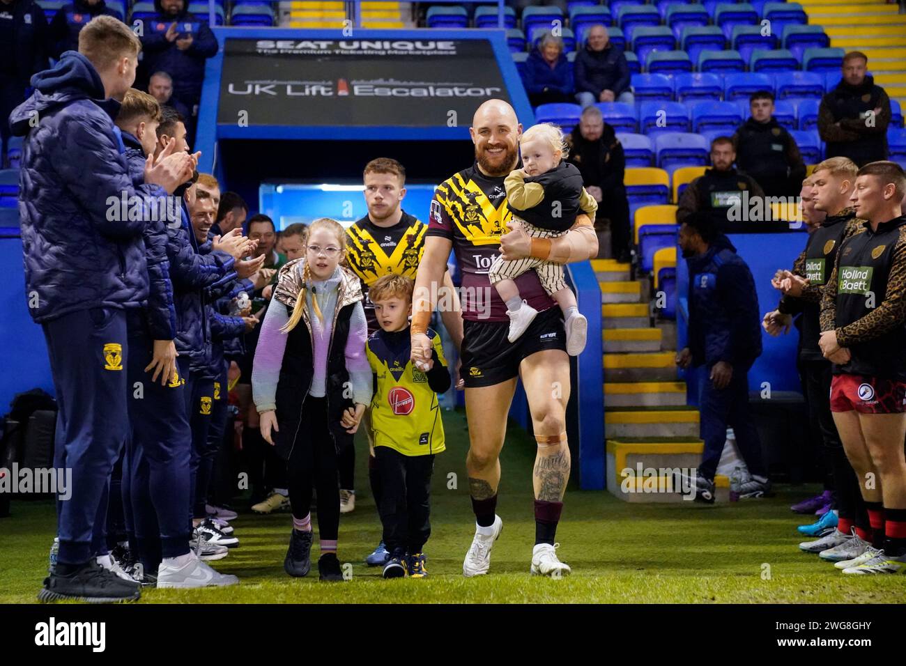 Warrington, UK. 03rd Feb, 2024. Gil Dudson of Warrington Wolves comes ...