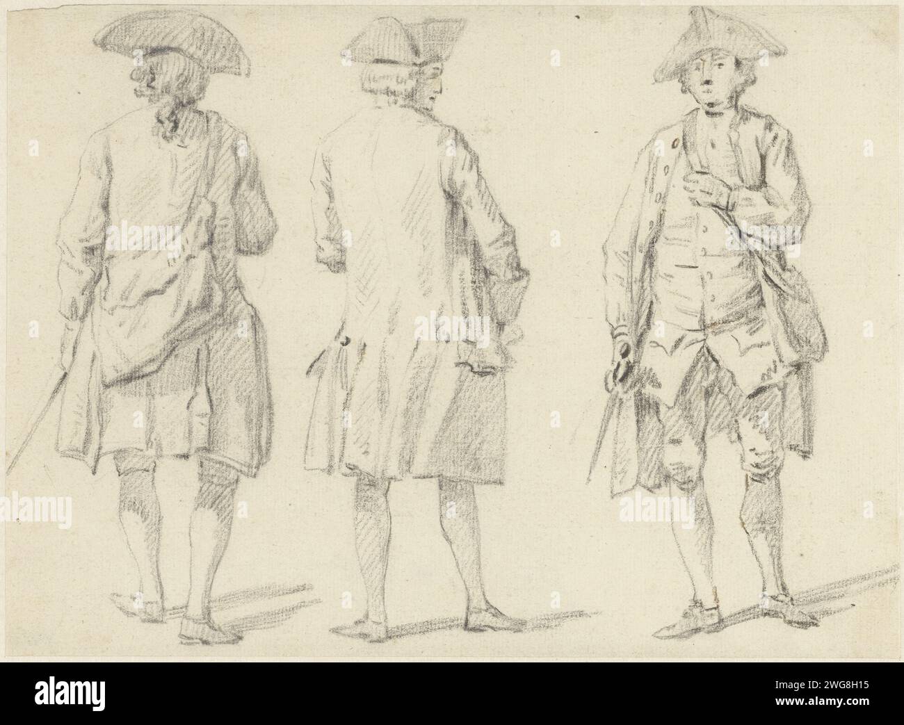 Study sheet with three standing figures, Simon Fokke, 1722 - 1784 ...