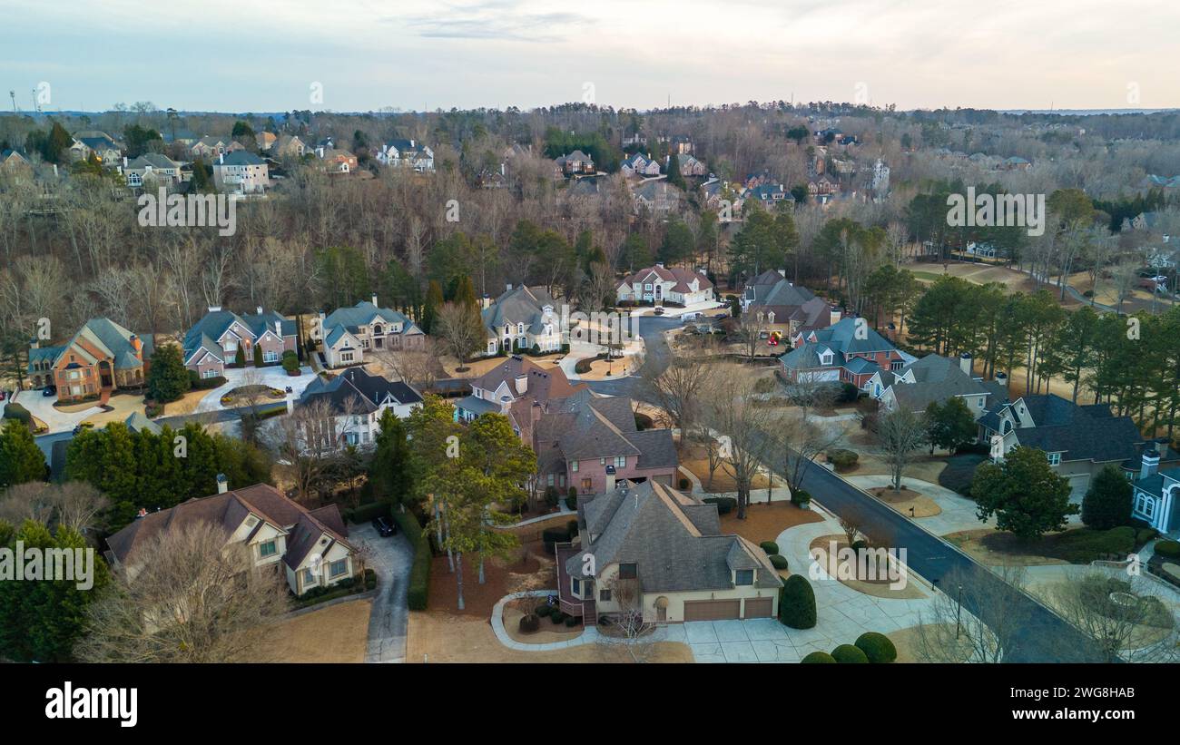 Aerial panoramic view of an upscale subdivision in suburbs of USA shot ...