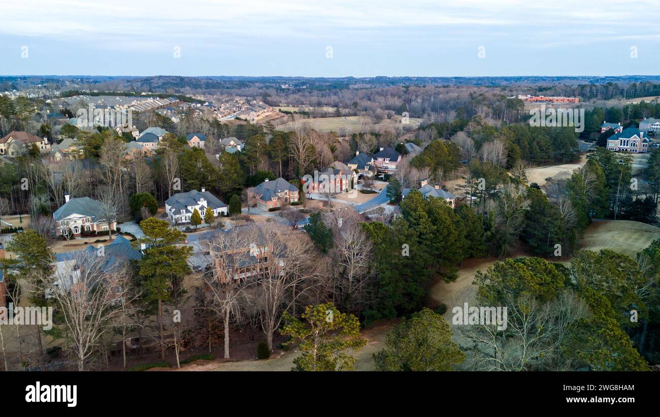 Aerial panoramic view of an upscale subdivision in suburbs of USA shot ...