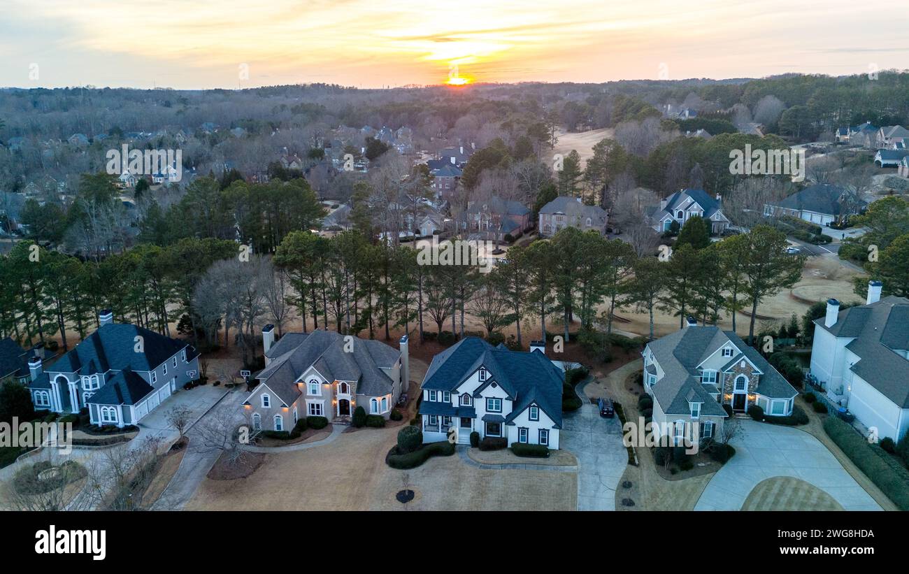 Aerial panoramic view of an upscale subdivision in suburbs of USA shot ...