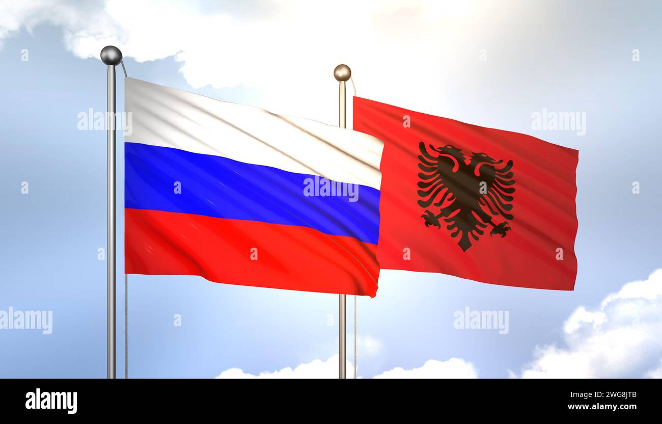 3D Waving Russia and Albenia Flags on Blue Sky with Sun Shine Stock ...