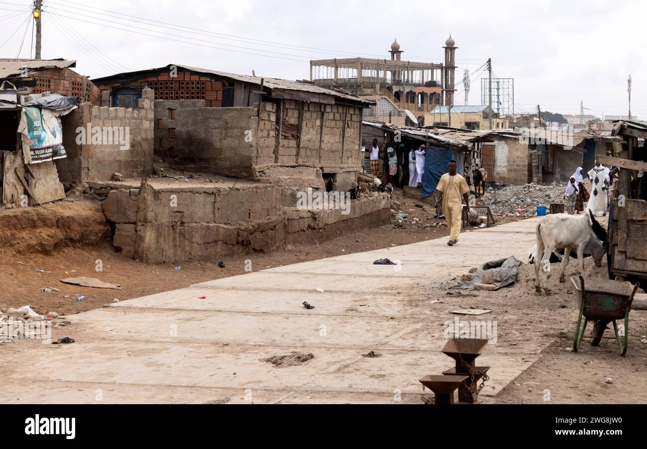 Nima residential Muslim area of Accra Ghana homes mosque. Toxic environment neighborhood. Health ...