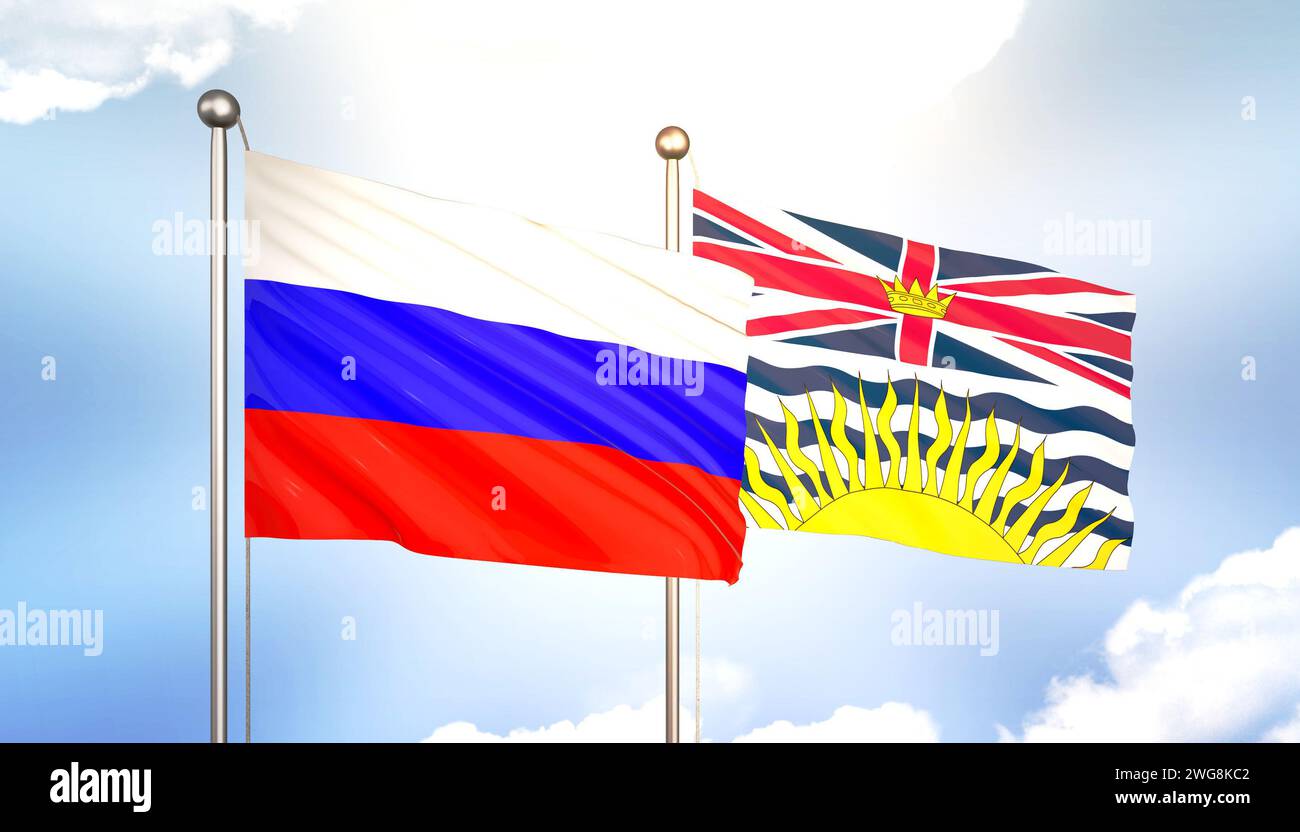 3D Waving Russia and British Columbia Flags on Blue Sky with Sun Shine ...