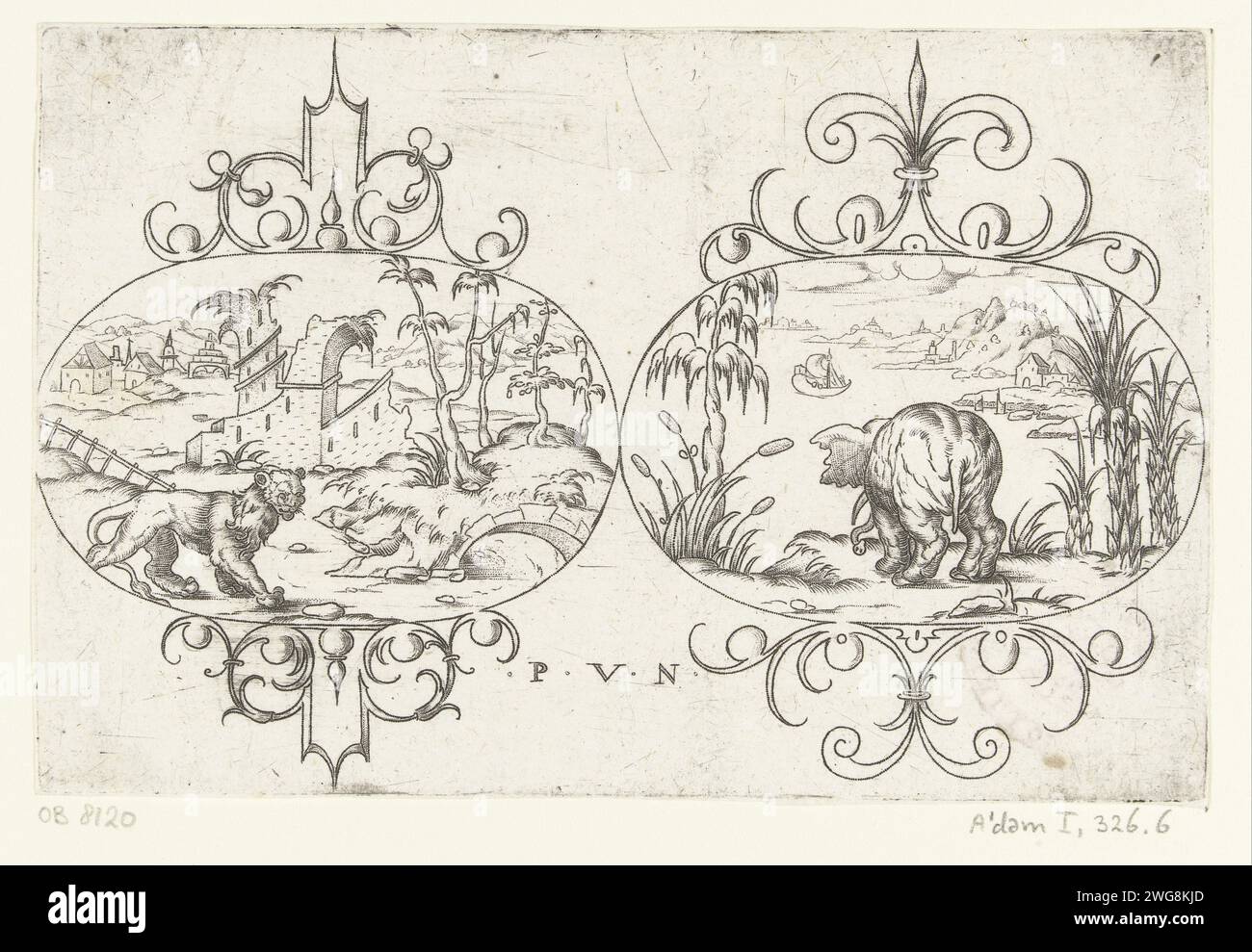Two horizontal ovals, left with a lioness, c. 1600 - c. 1699 print Oval on the right with an ...