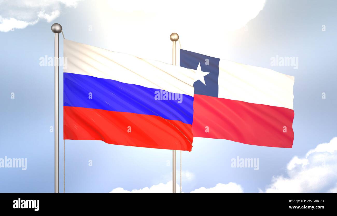 3D Waving Russia and Chile Flags on Blue Sky with Sun Shine Stock Photo ...