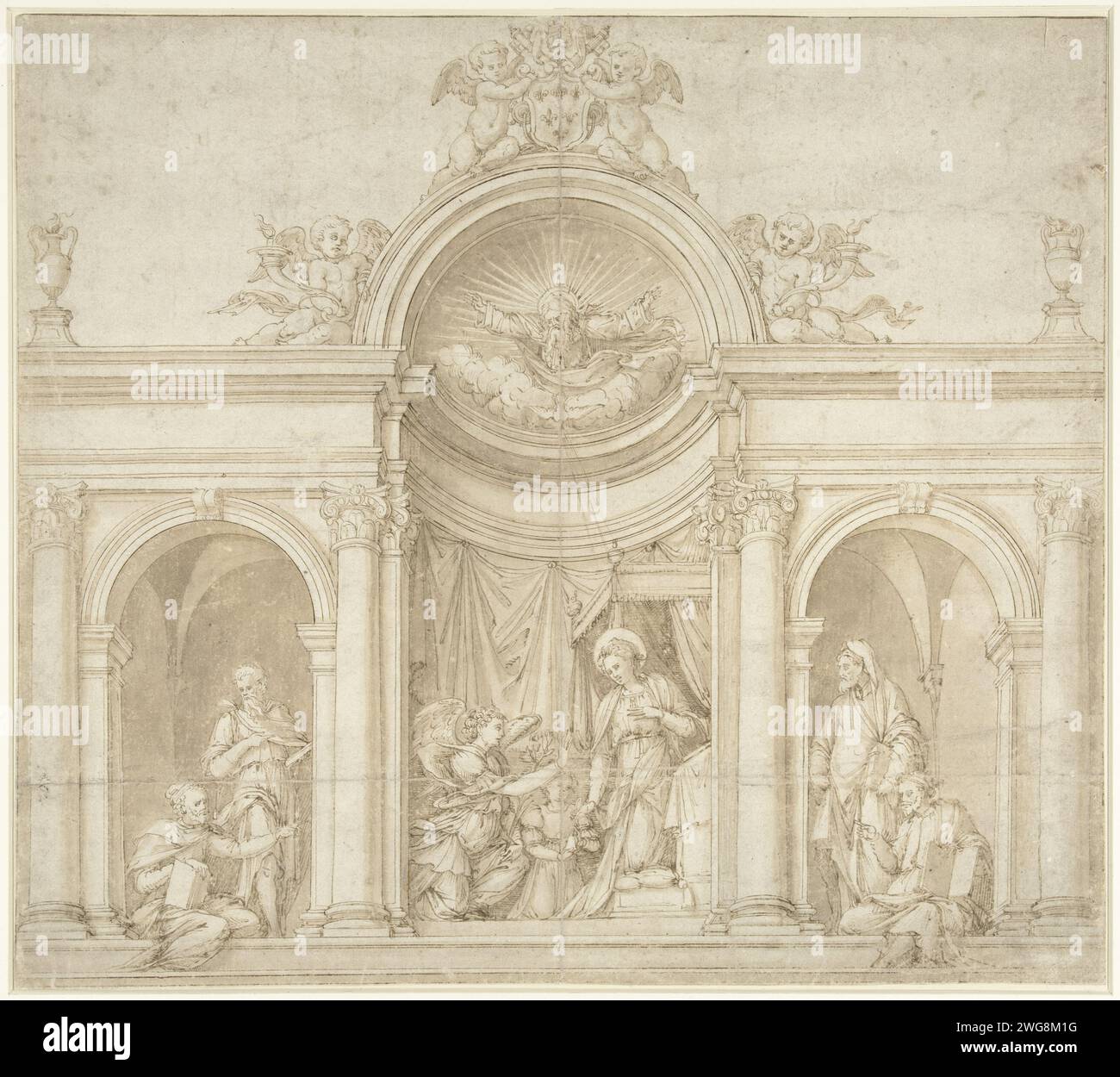 Altarpiece with a proclamation and two prophets on both sides ...