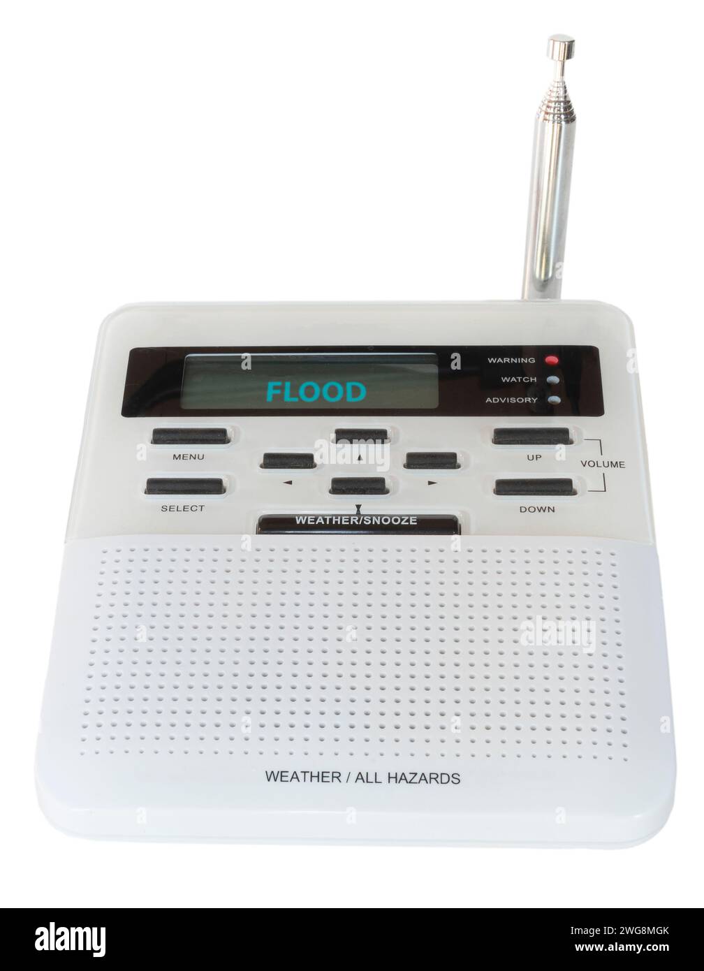 Digital weather radio with a flood warning showing on the screen with ...
