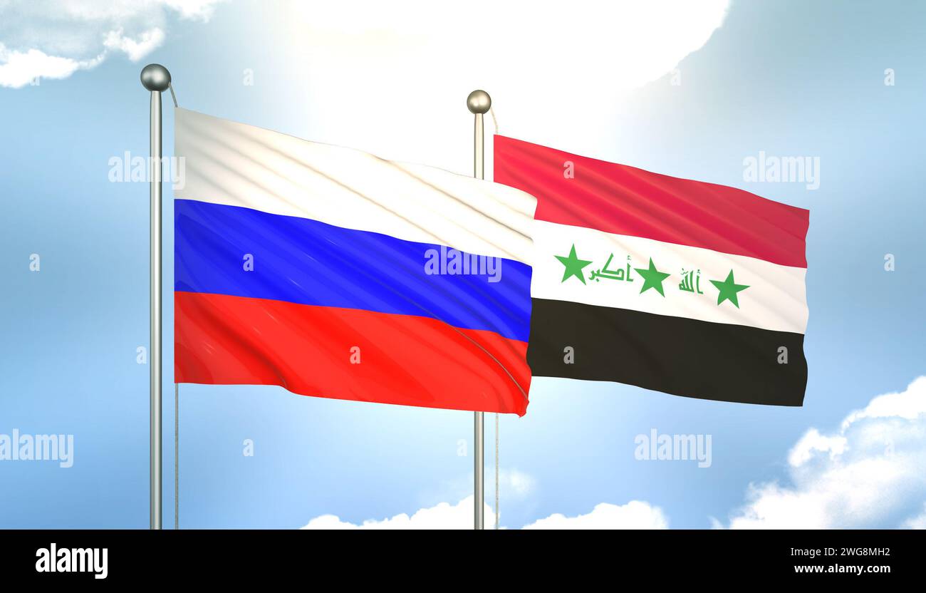 3D Waving Russia and Iraq Flags on Blue Sky with Sun Shine Stock Photo ...