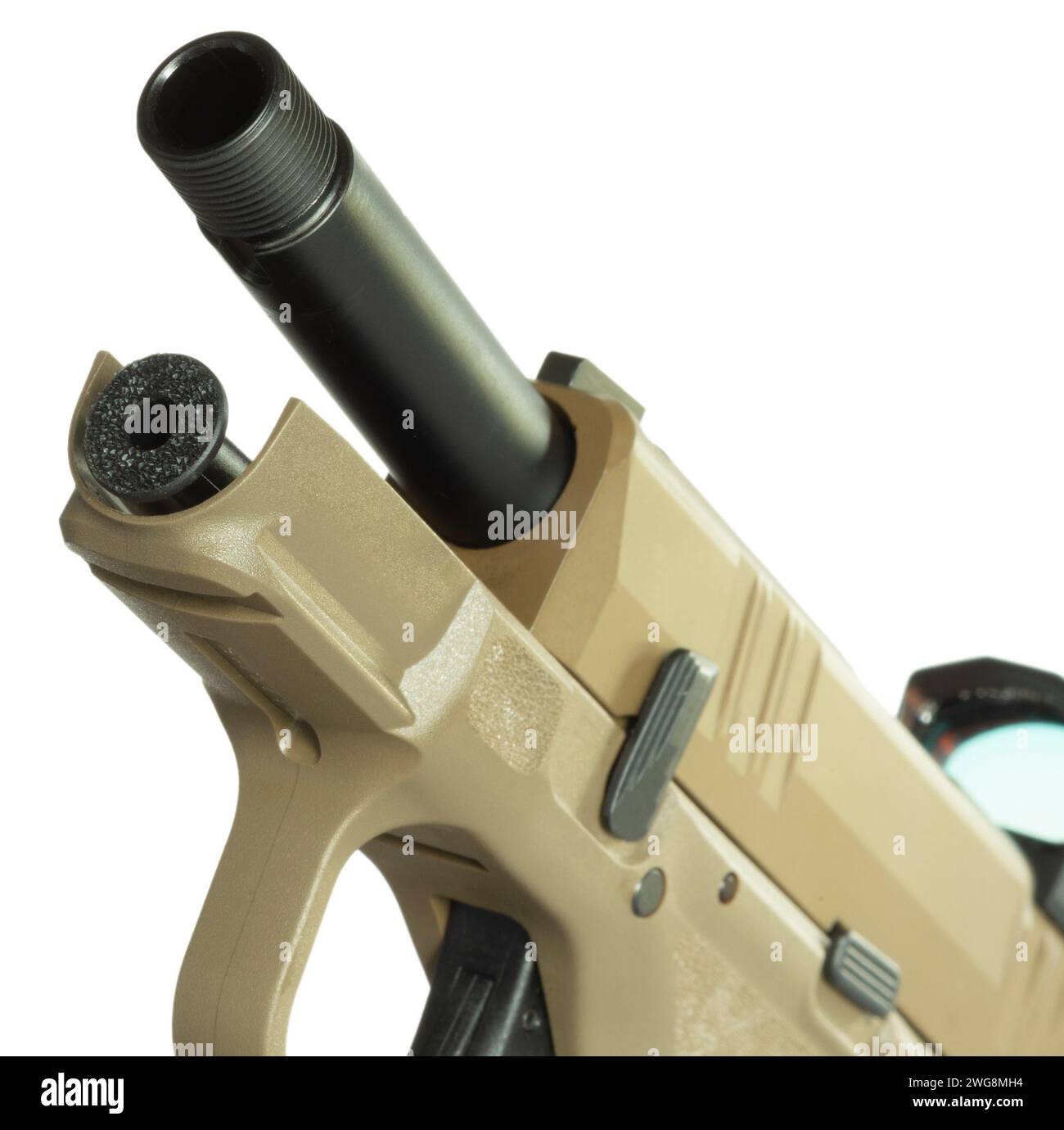 Semi-auto 9 mm pistol with a threaded barrel and red dot sight open and ...