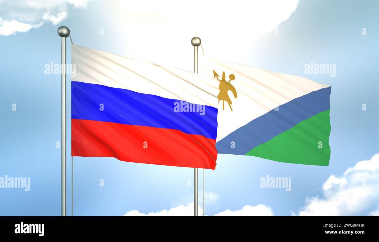 3D Waving Russia and Lesotho Flags on Blue Sky with Sun Shine Stock ...