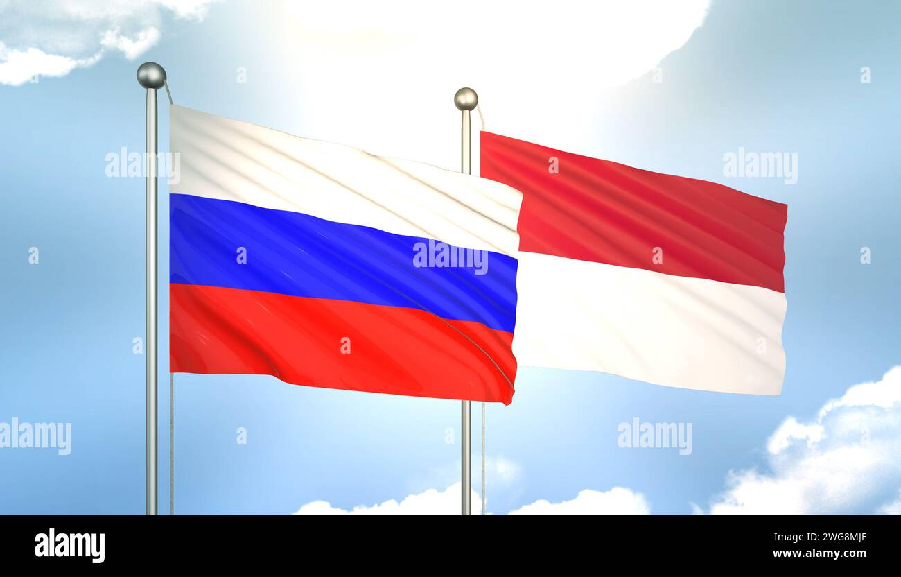 3D Waving Russia and Monaco Flags on Blue Sky with Sun Shine Stock ...