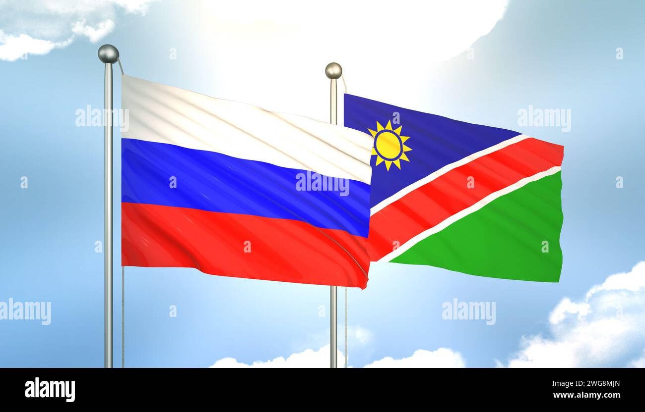 3D Waving Russia and Namibia Flags on Blue Sky with Sun Shine Stock ...