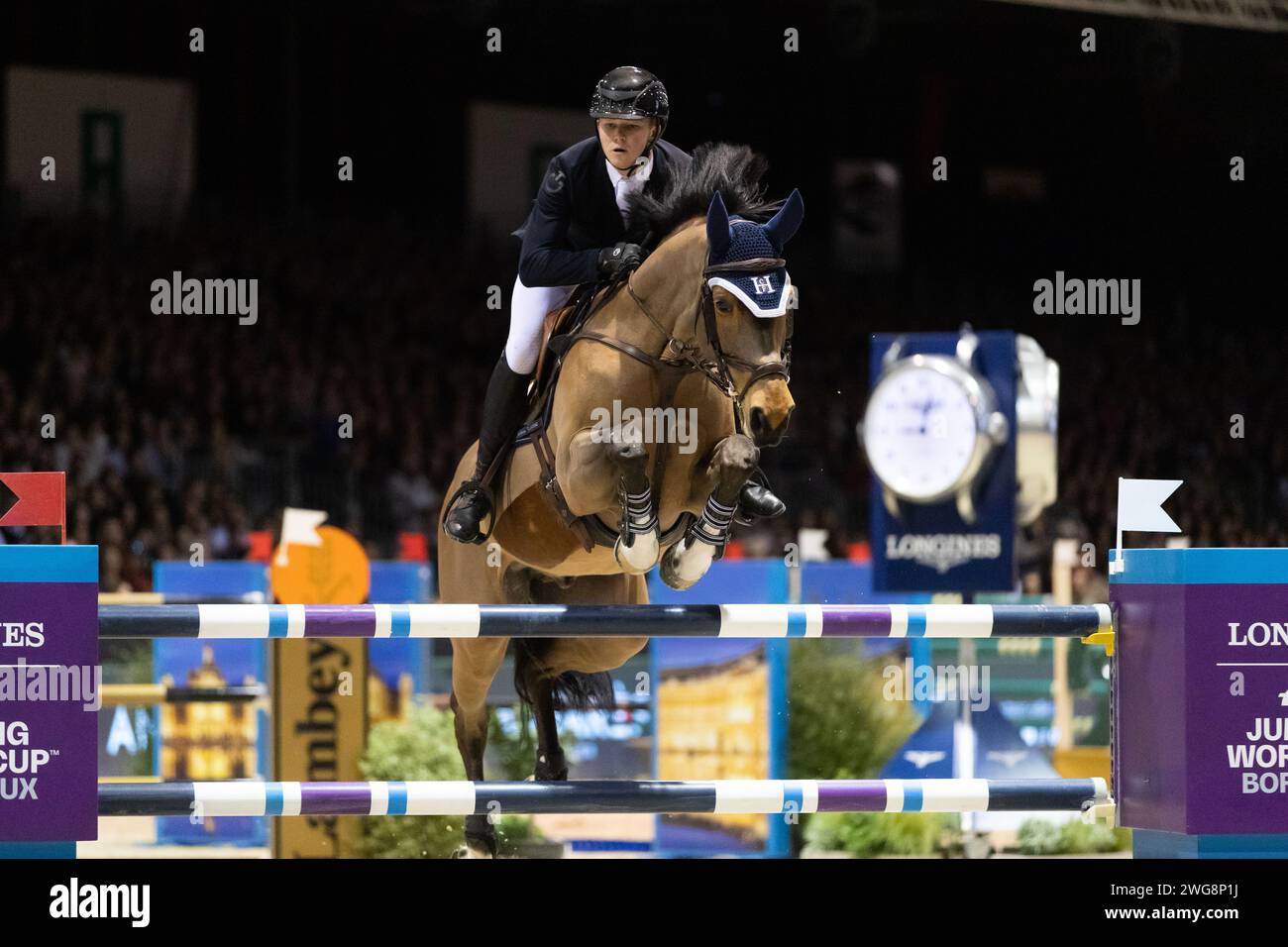 Bordeaux, France - February 3, 2024. Harry Charles of Great Britain and riding Sherlock finishes ...