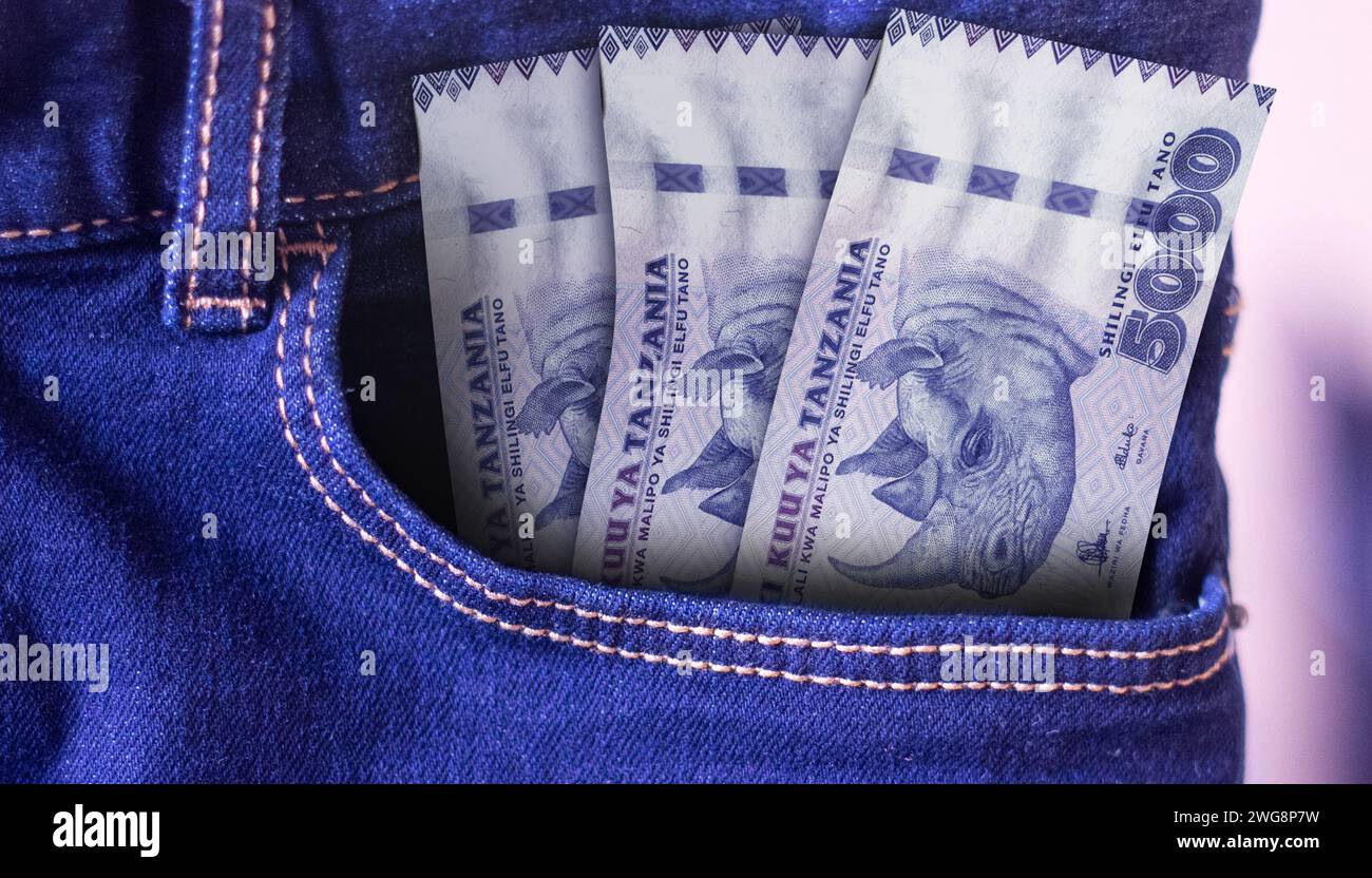 Bunch of Tanzania 5000 Shillings banknotes in a jeans pocket a concept ...