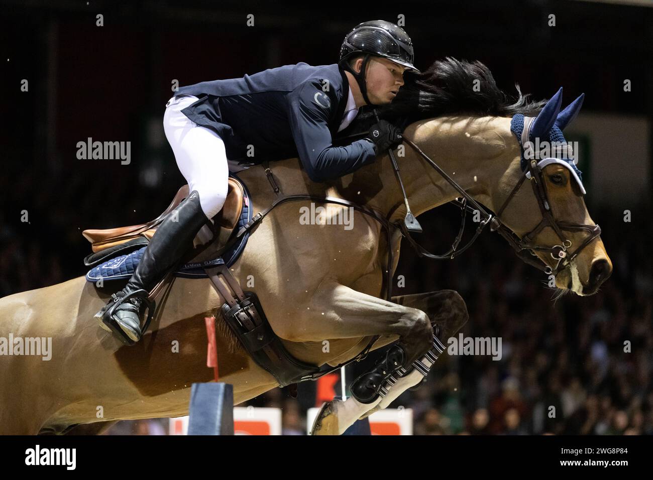 Bordeaux, France - February 3, 2024. Harry Charles of Great Britain and riding Sherlock finishes ...