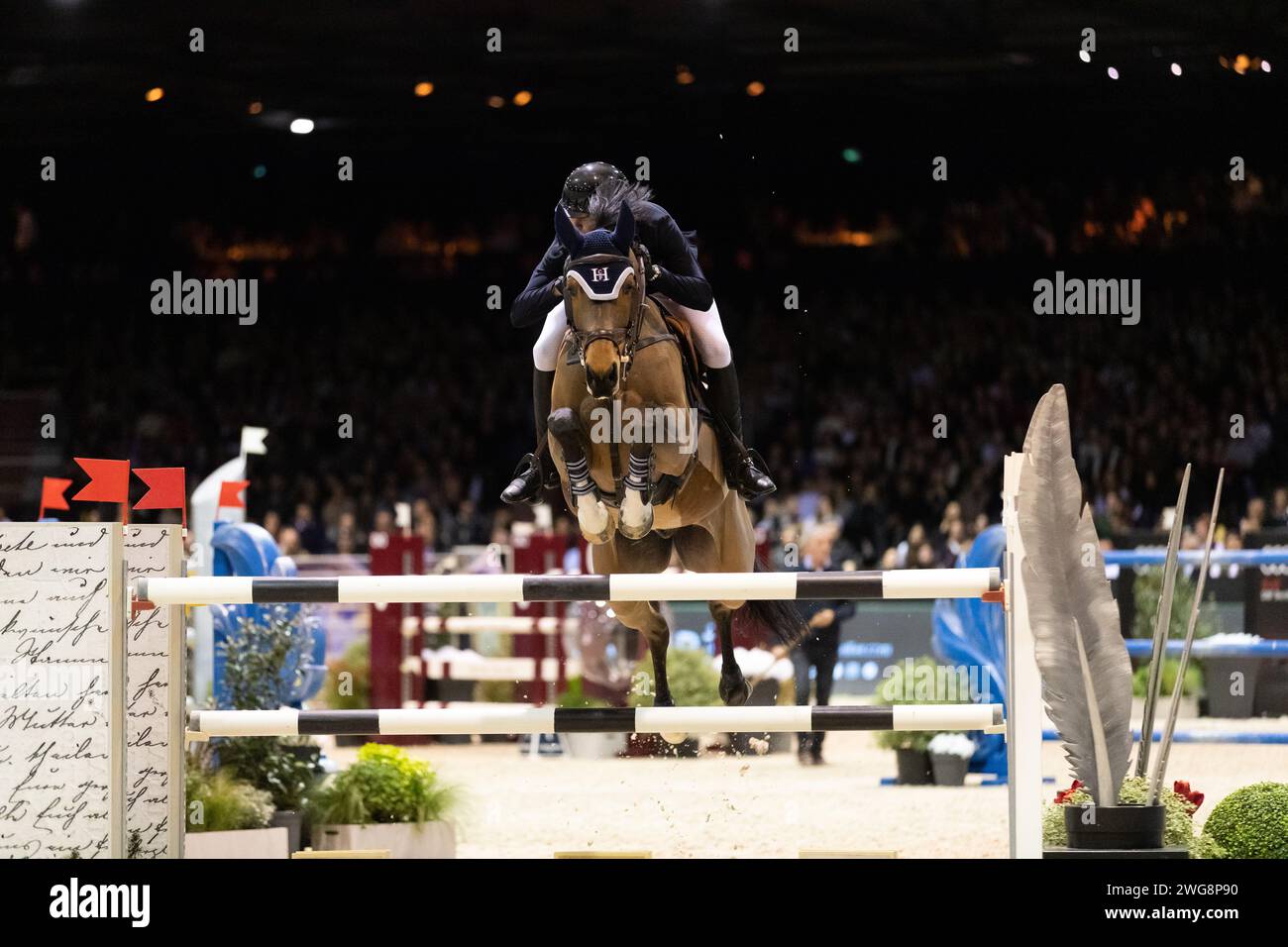 Bordeaux, France - February 3, 2024. Harry Charles of Great Britain and riding Sherlock finishes ...