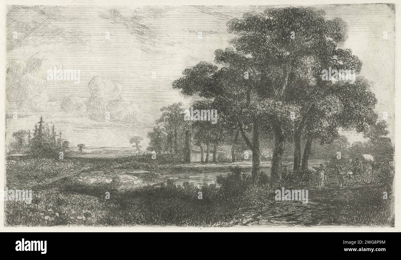 Tree -rich landscape with covered wagon, Hermanus Jan Hendrik ...