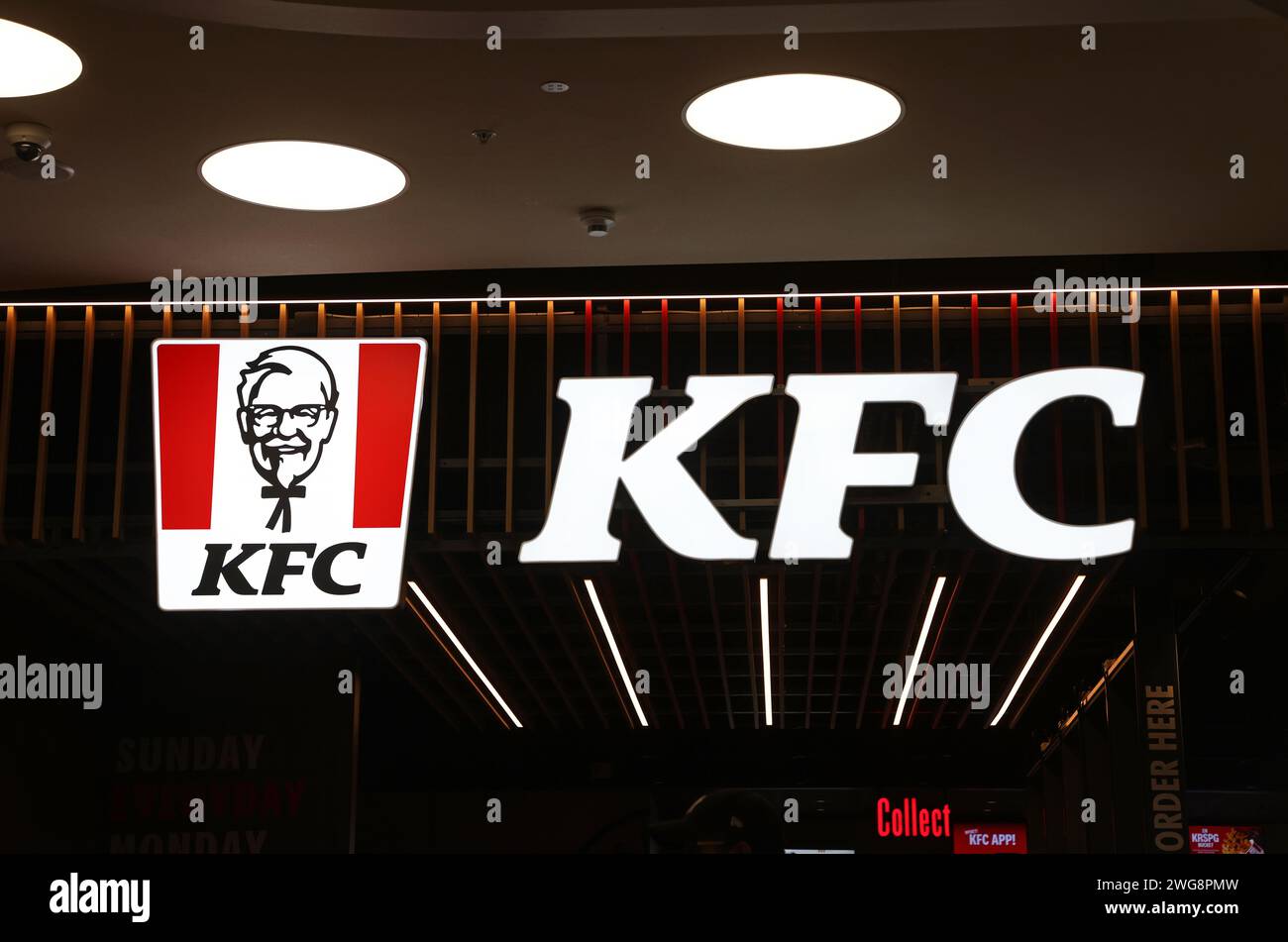 KFC logo, KFC (Kentucky Fried Chicken) restaurant, Westfield Mall of Scandinavia, Stockholm ...