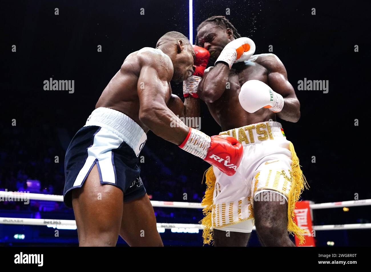 Joshua Buatsi (right) in action against Dan Azeez in the WBA Light-Heavyweight Final Eliminator ...