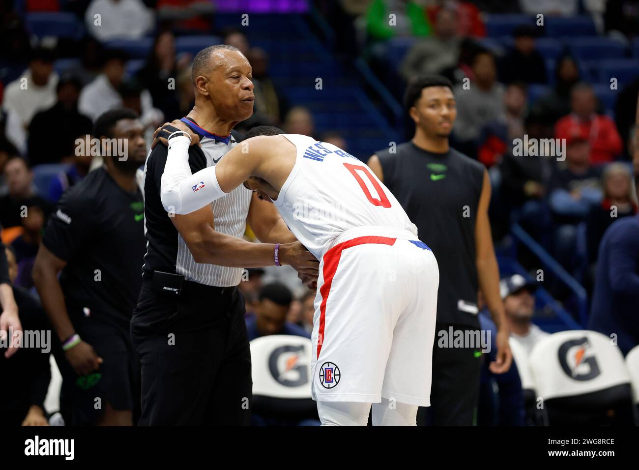 LA Clippers guard Russell Westbrook (0) reacts to a call towards ...