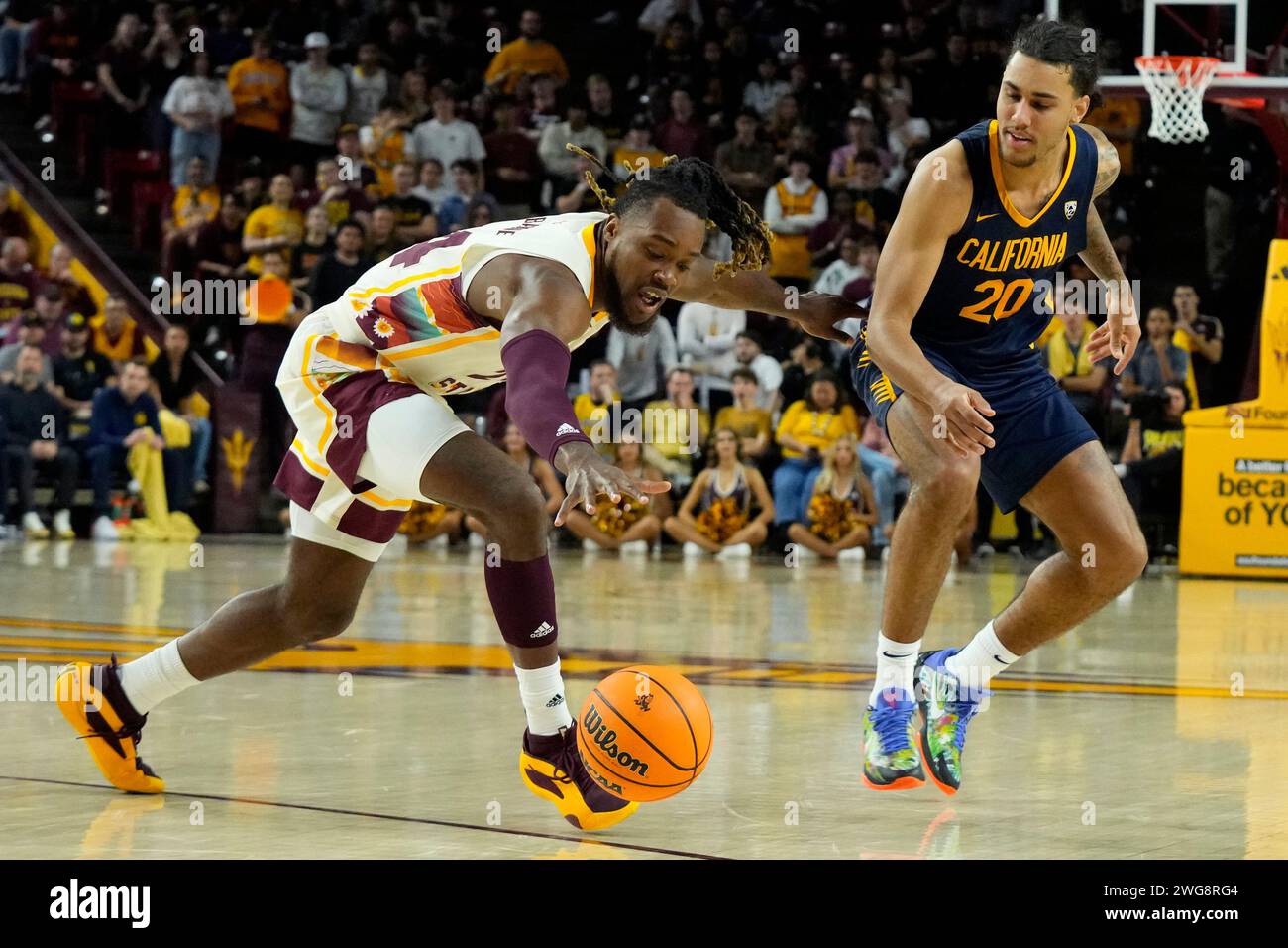 Arizona State forward Bryant Selebangue, left, steals the ball from ...