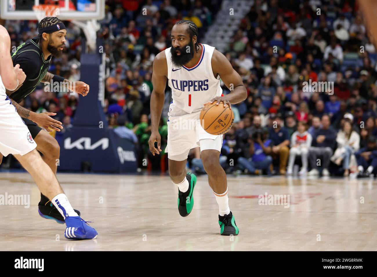 Los Angeles Clippers guard James Harden (1) in the first half of an NBA ...