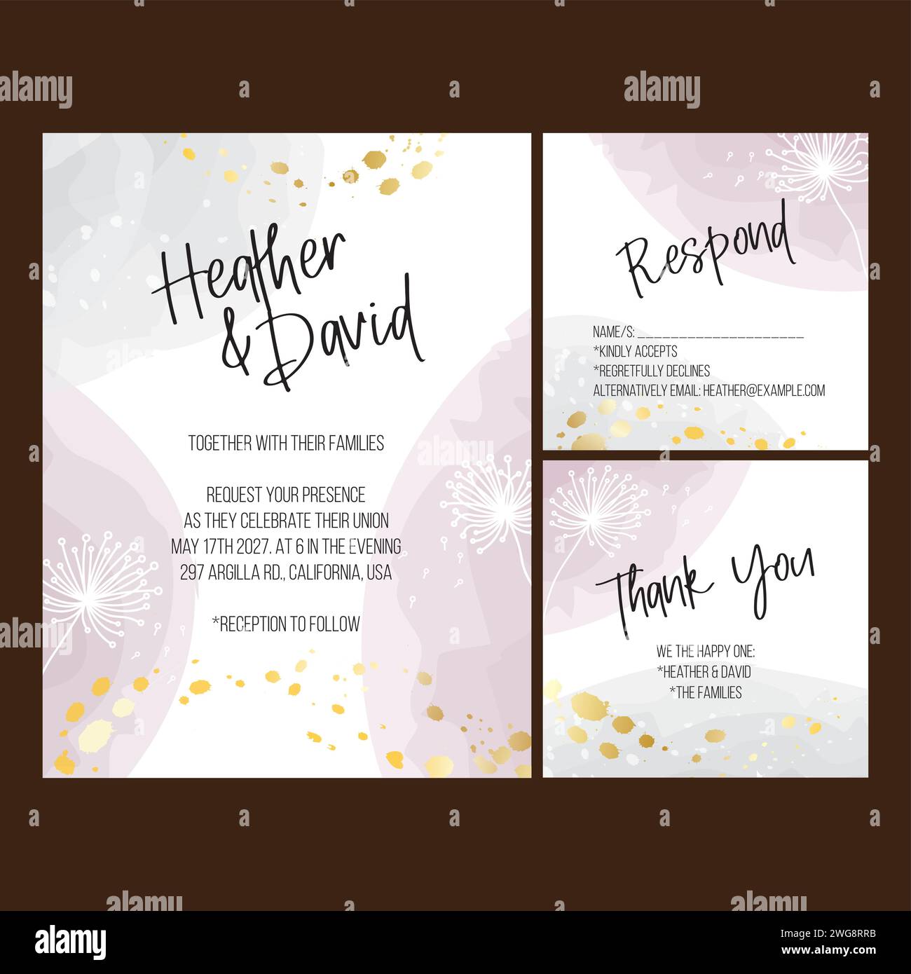 Dandelion Wedding Invitation Watercolor Soft Gold Design Stock Vector ...