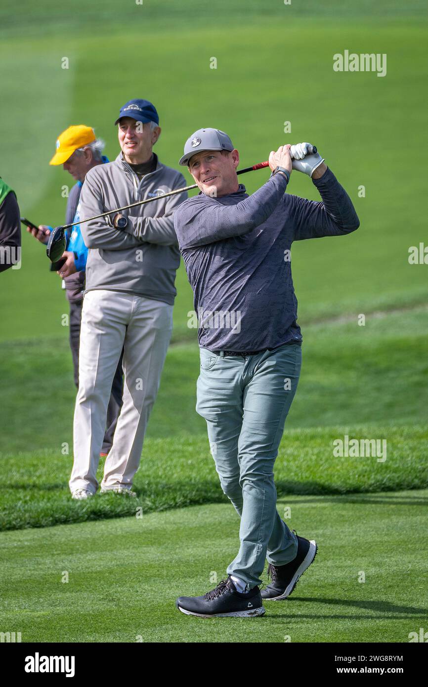 PEBBLE BEACH, CA - FEBRUARY 01: Steve Young drives off the tee while ...