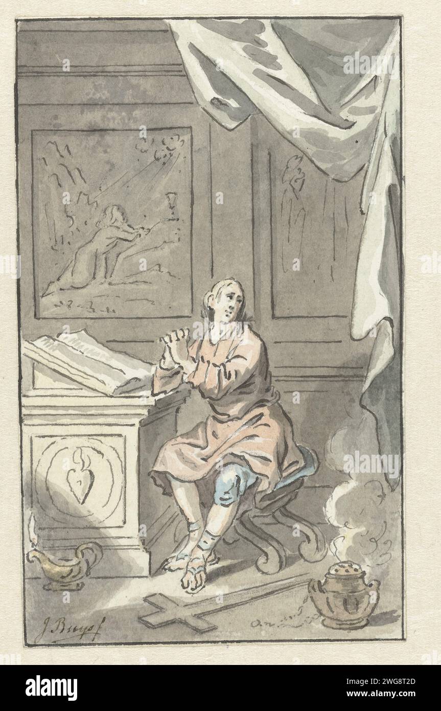 Sitting man with folded hands, behind a Bible, Jacobus Buys, c. 1734 ...