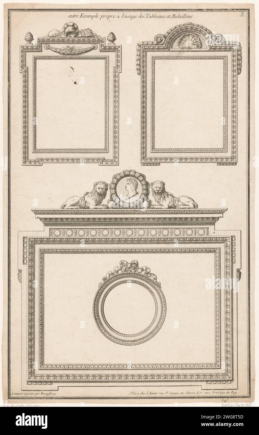 Rectangular frames, 1763 print Three rectangular frames with helmet ...