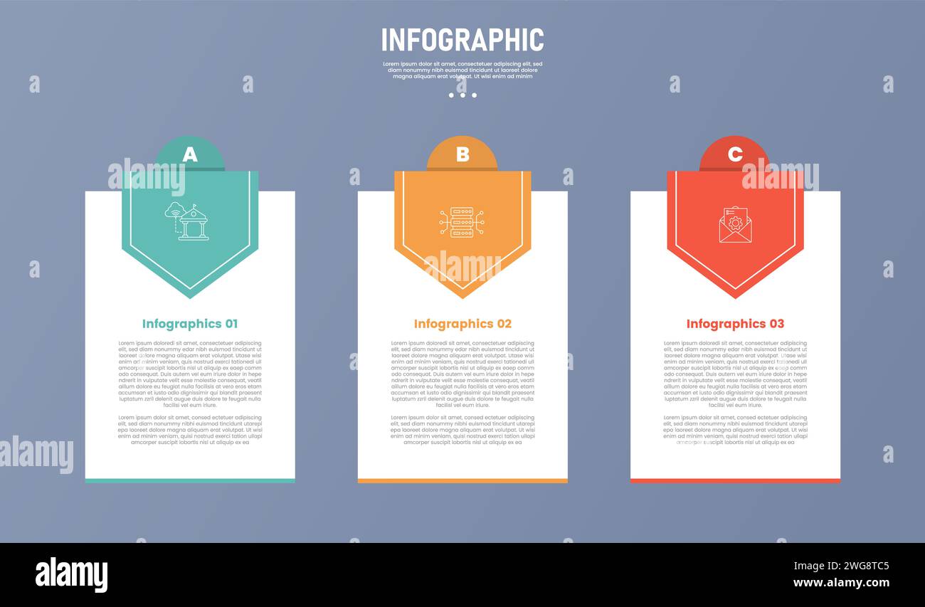 3 point stage or step infographic template with table box container arrow badge on header for ...