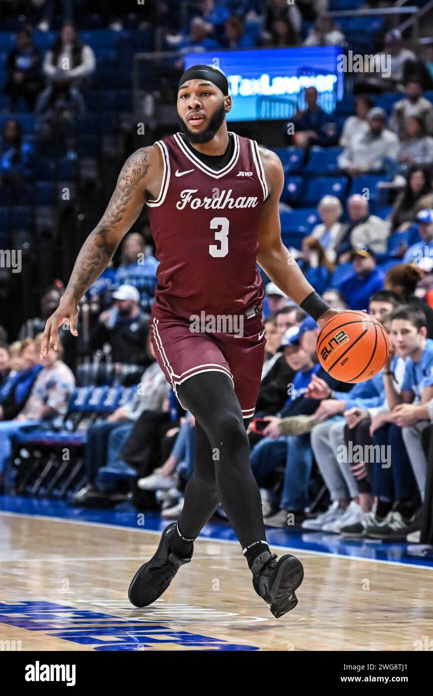 FEBRUARY 03, 2024: Fordham Rams guard Jahmere Tripp (3) dribbles the ...