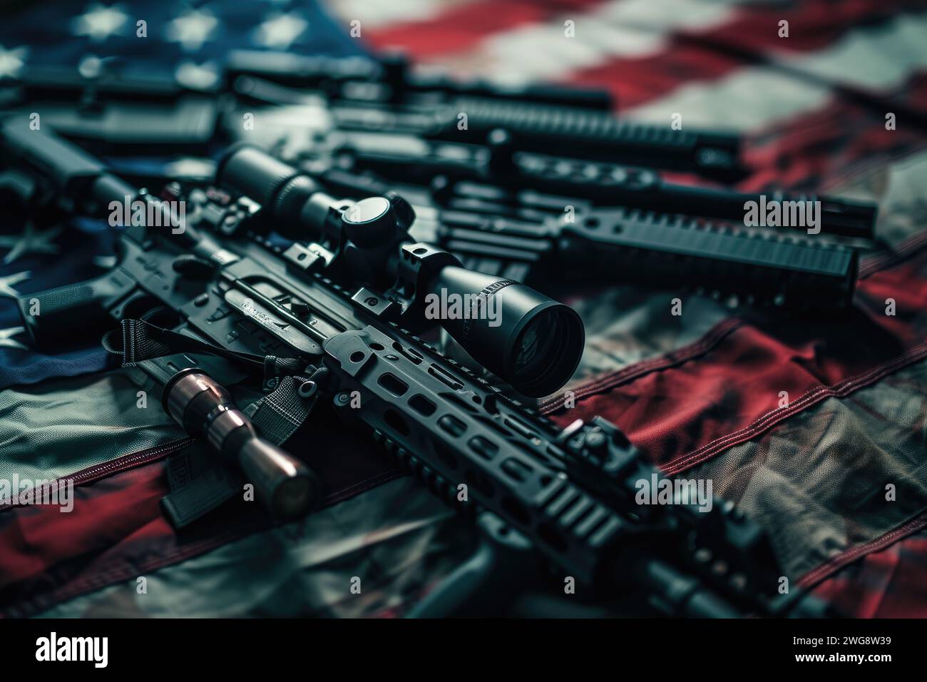 Set of american tactical rifles with optical sights on american flag ...