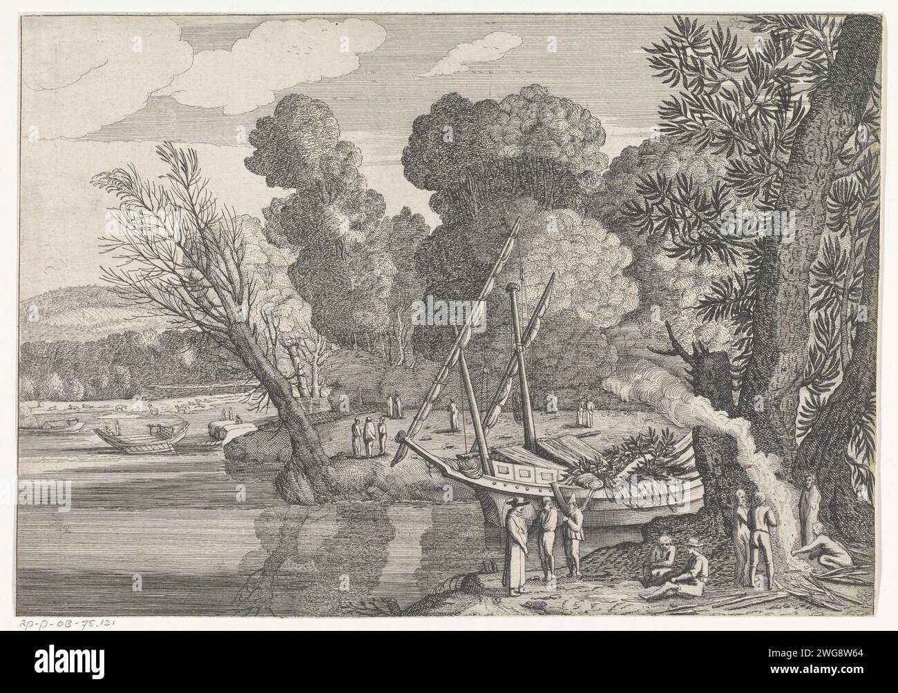 Coastal landscape with ship and figures around a fire, Anonymous, 1700 ...