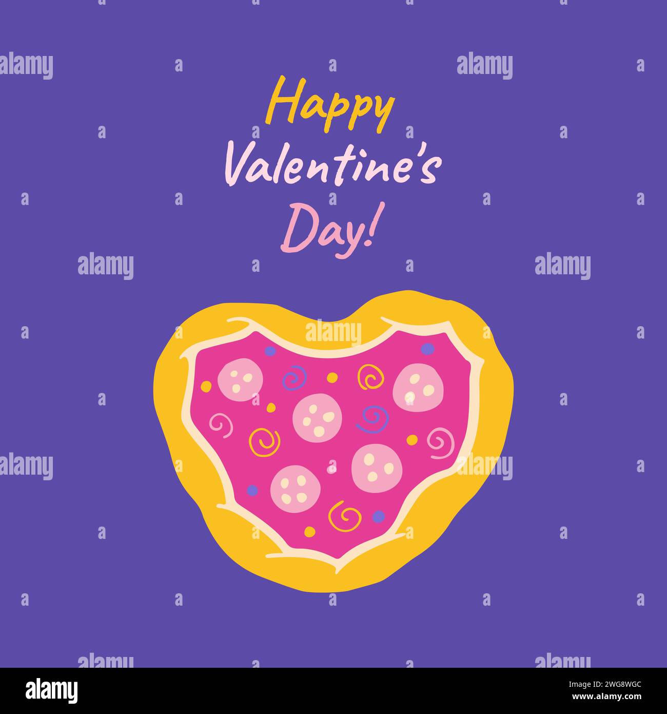 Valentines Day card with heart shaped pizza cartoon style. Funny ...