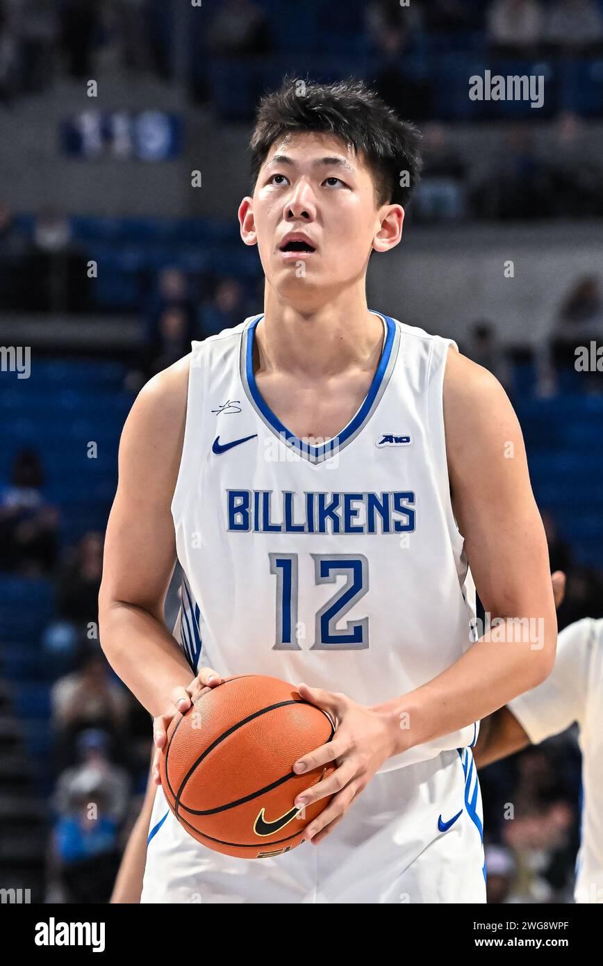 FEBRUARY 03, 2024: Saint Louis Billikens center Bruce Zhang (12) gets ...