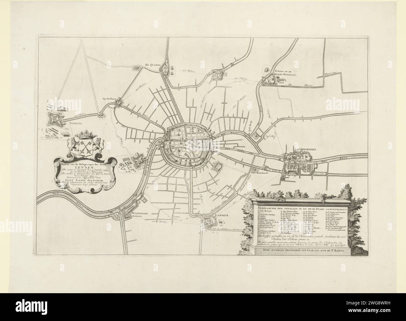Map of the siege of Leiden, 1573-1574, 1717 print Benefies of the city ...