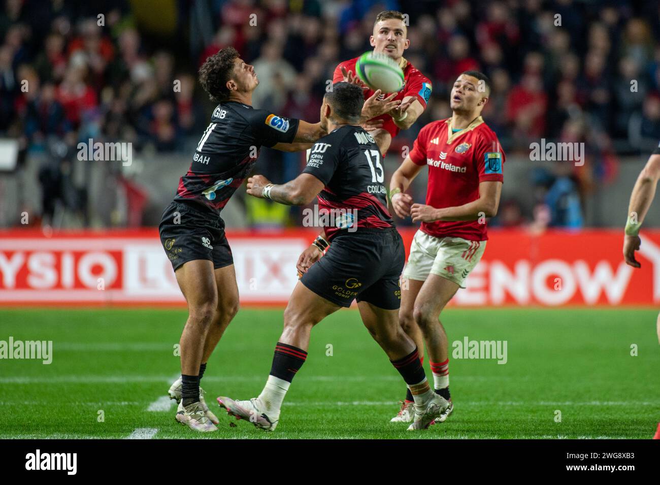 Cork, Ireland. 03rd Feb, 2024. Shane Daly of Munster jumps for the ball ...