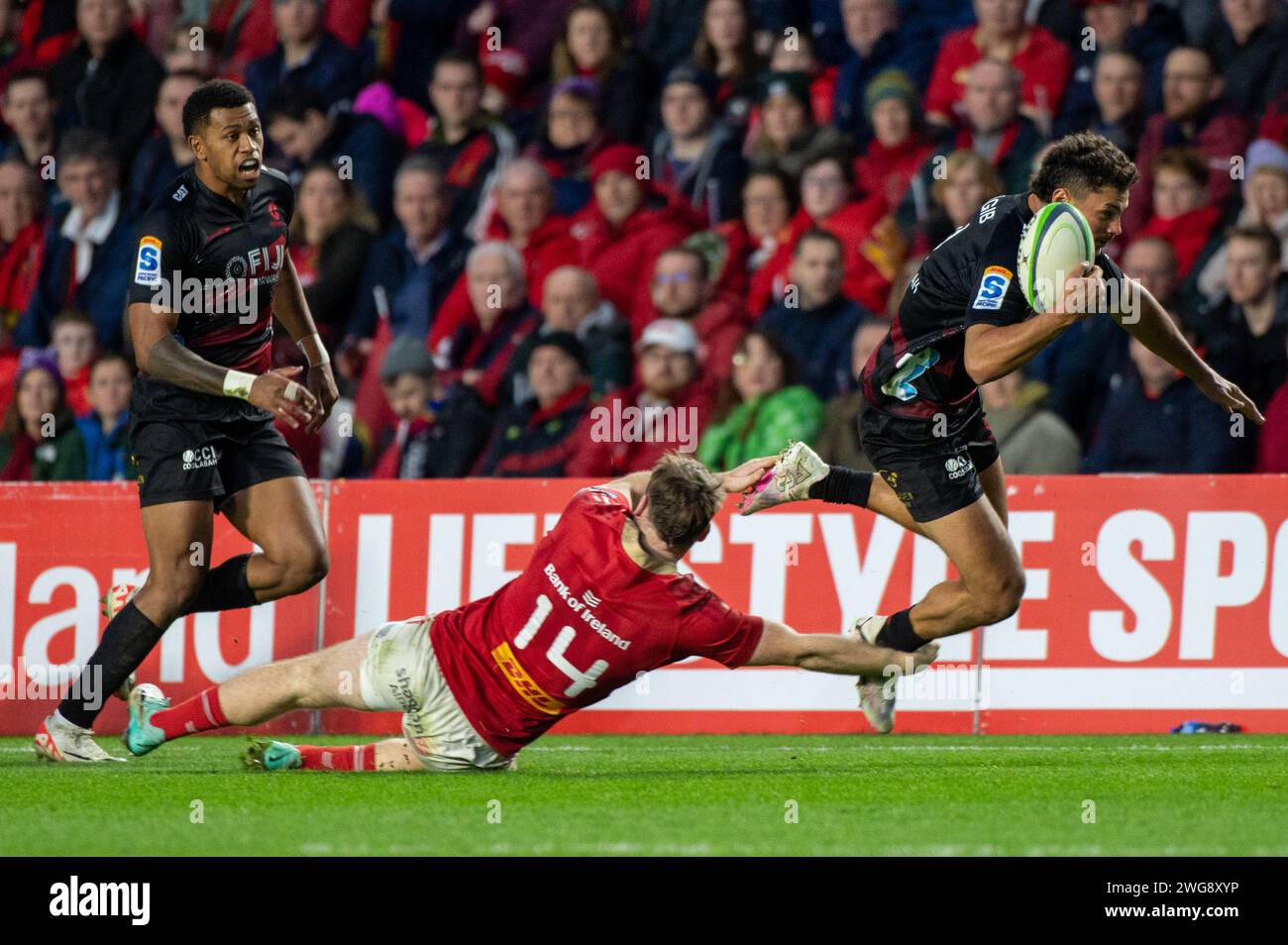 Cork, Ireland. 03rd Feb, 2024. Macca Springer of Crusaders tackled by ...